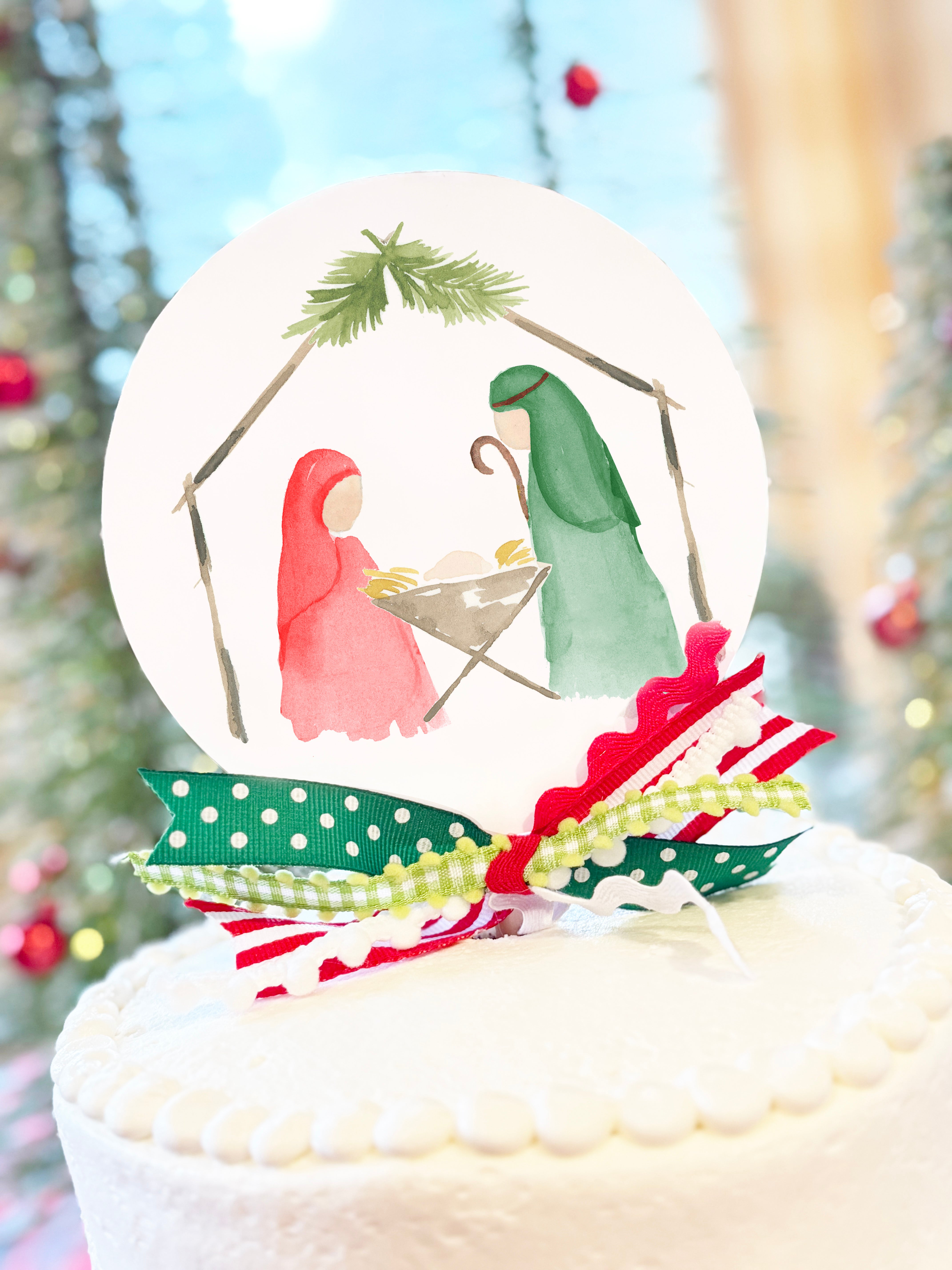 Watercolor Nativity Cake Topper (red & green) – Paper and Play Design